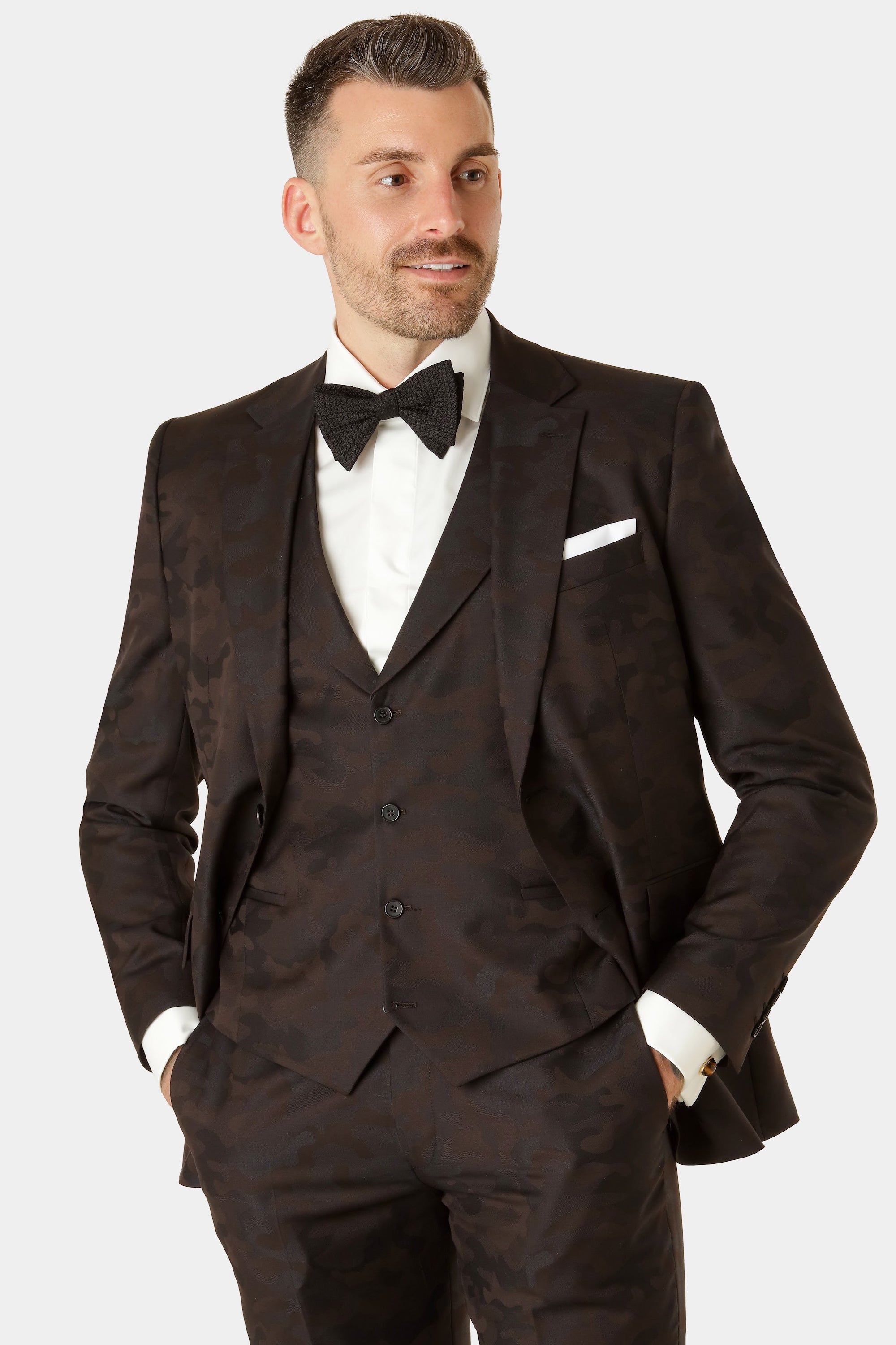 Brunt jacquard camo jakkesæt med vest – Deerest Copenhagen